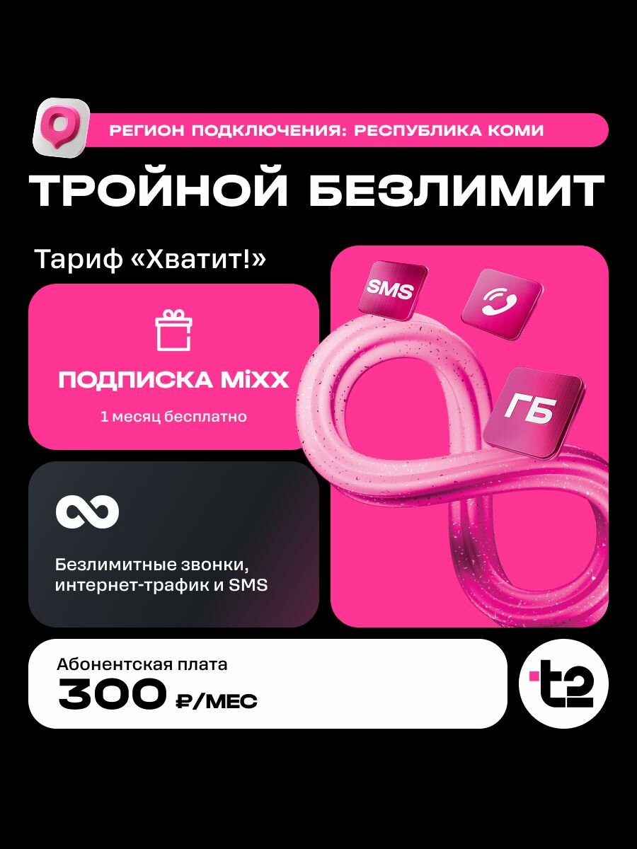 Сим-карта t2 "Хватит!", Республика Коми Баланс 300 руб