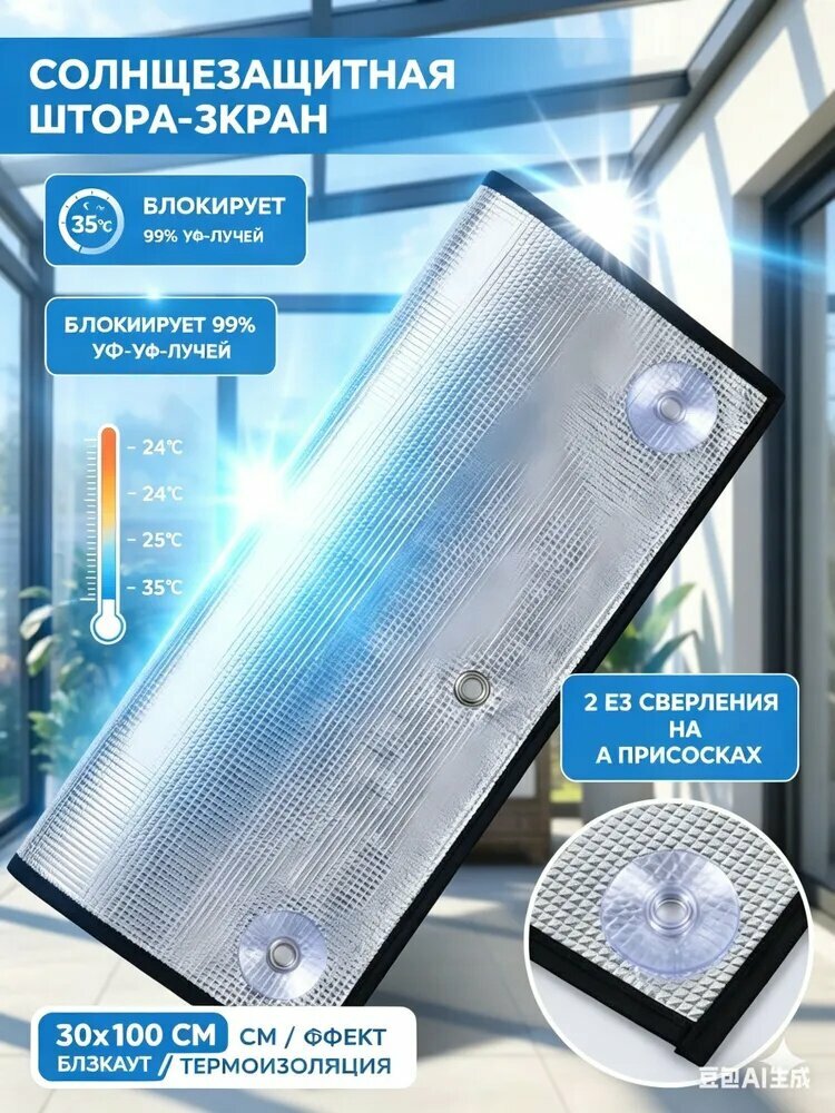 Солнцезащитный экран на окно на присосках, алюминиевый, теплоизоляция, съемный