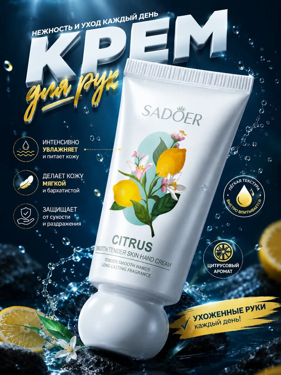 Крем для рук "Цитрус" SADOER, увлажняющий, для сухой кожи, 40 г