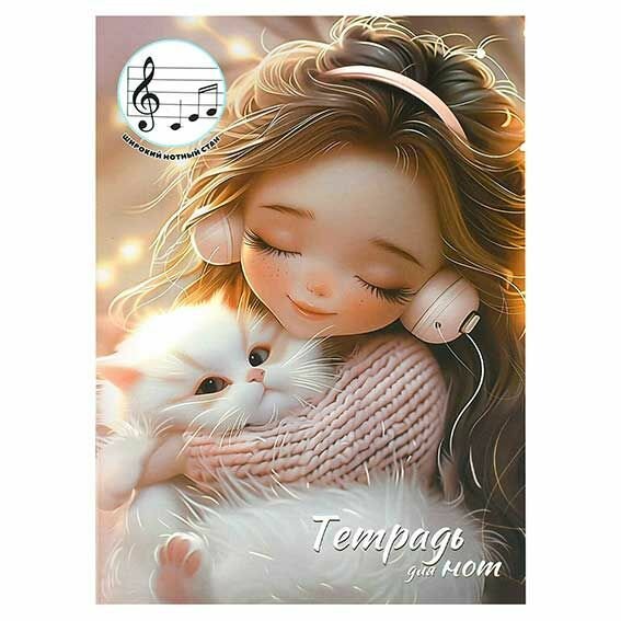 Тетрадь для нот 12 листов А4 феникс "Девочка в наушниках и котёнок" 73226, обложка из мелованной бумаги