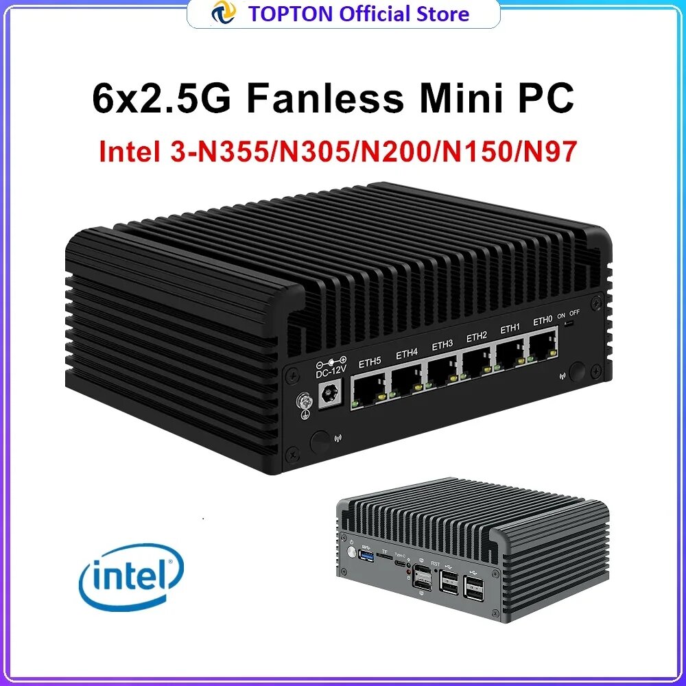 Мини-ПК Topton безвентиляторный 6 LAN 2.5G Intel N355/N200/N150/N97 i226-V DDR5