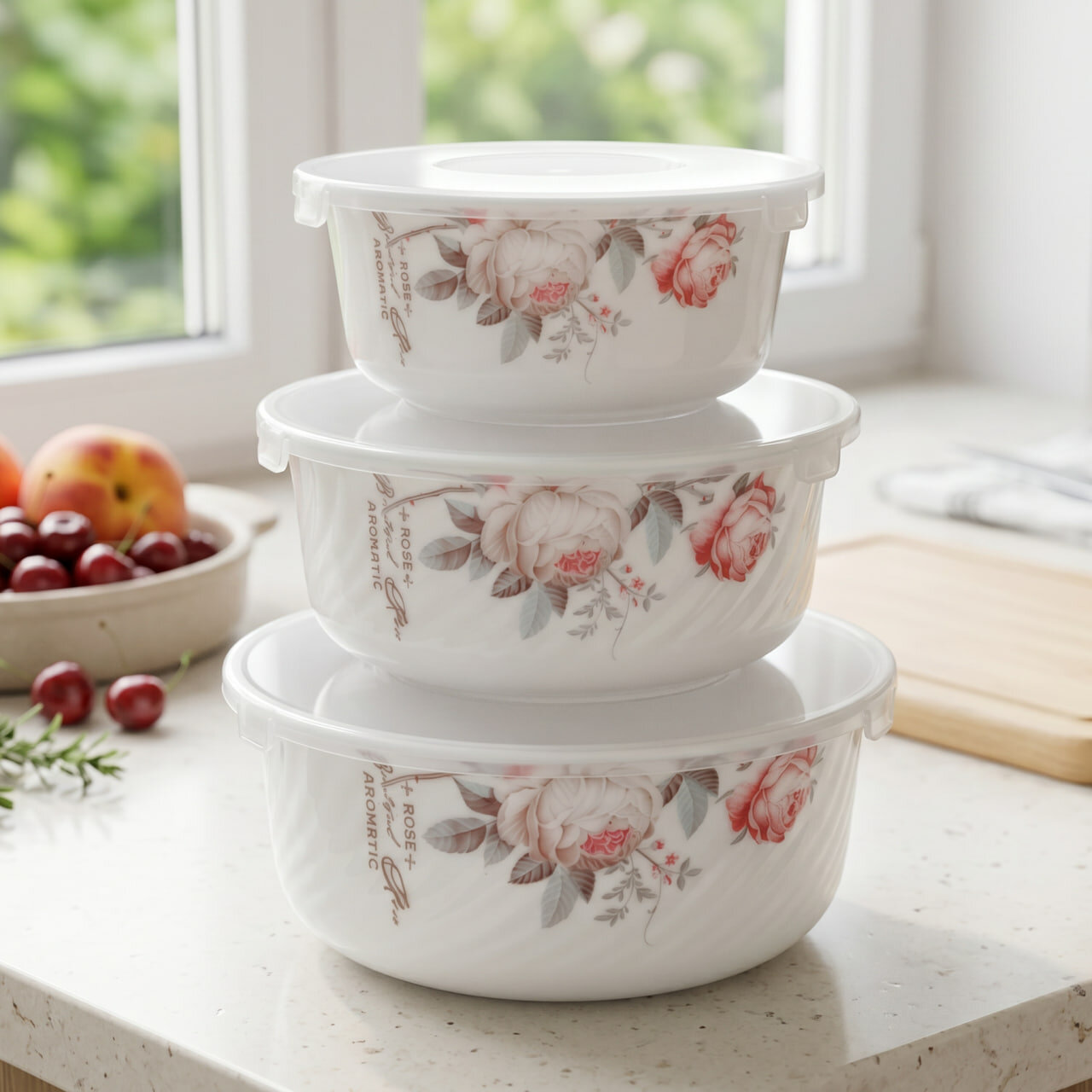 Набор салатников стеклокерамика 3 шт "Rose Aromatic" с крышками, 1350/850/550 мл, в подарочной коробке