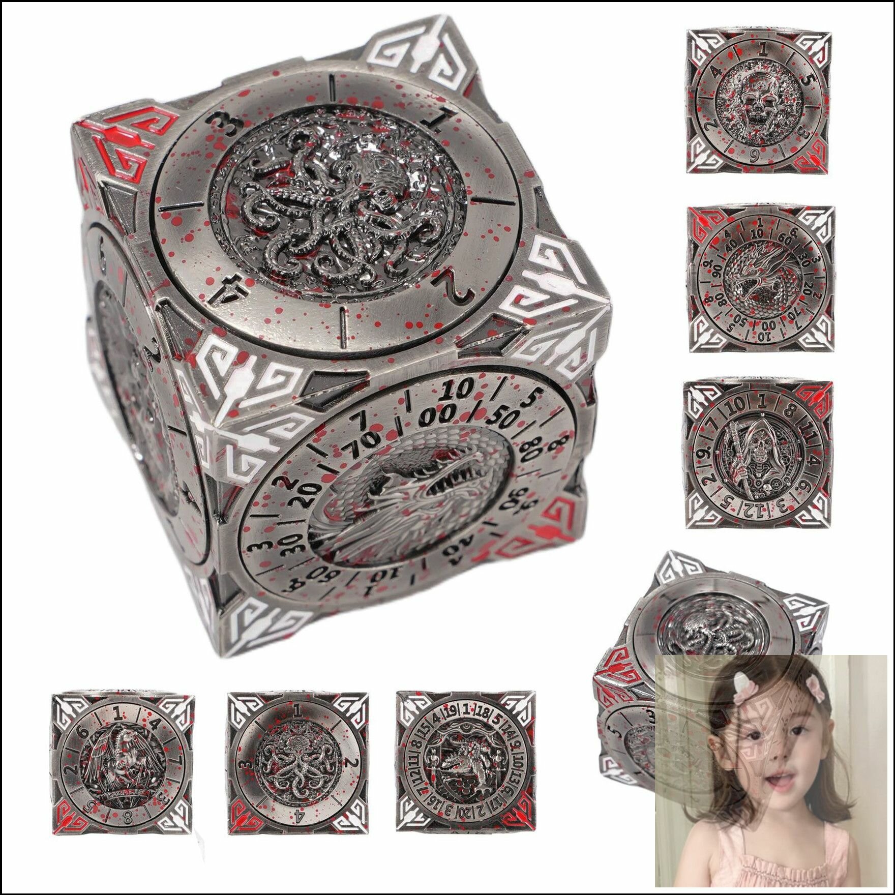 2025 Новые DND Spinner Dice, металлические кубики 7-в-1 с трехмерным облегчением для подземелий и подарков Dragons, многогранных ролевых игровых костей, аксессуаров RPG Fantasy D & D для DM & Player.