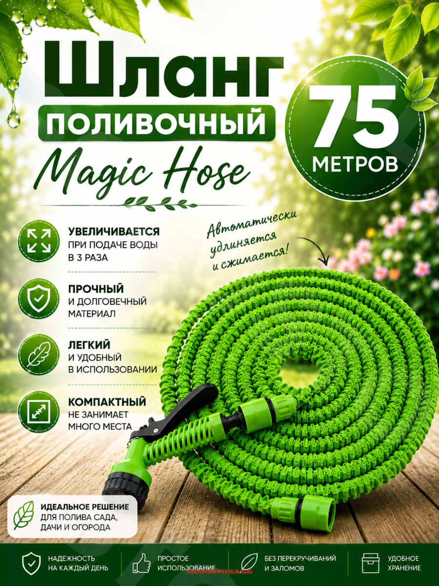 Шланг поливочный Magic Hose 75 м, зеленый