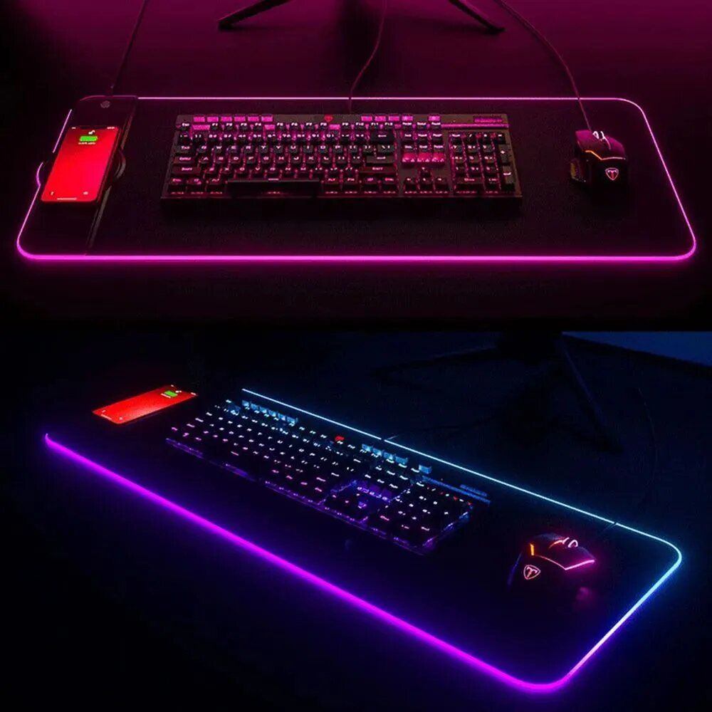 Коврик для мышки синий с RGB подсветкой и беспроводной зарядкой, 83.71x28.82 см