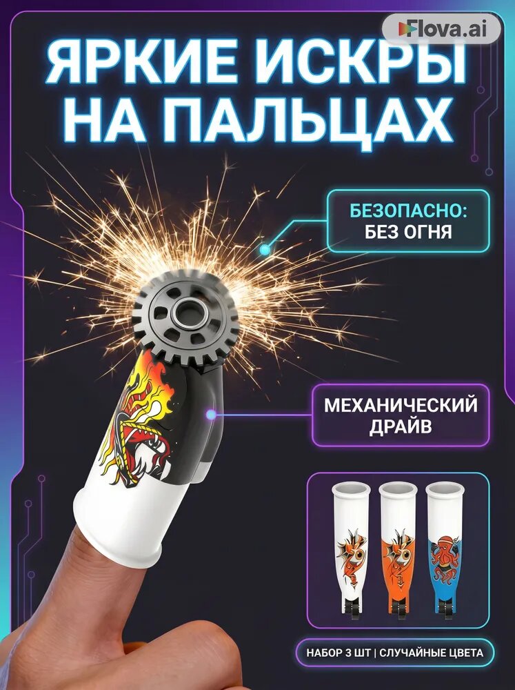 Антистресс-игрушка "Искры на пальцах", Набор пальчиковых насадок с кремниевым механизмом - Трюковой реквизит для фокусов, Безопасная зубчатка, 3 штуки.