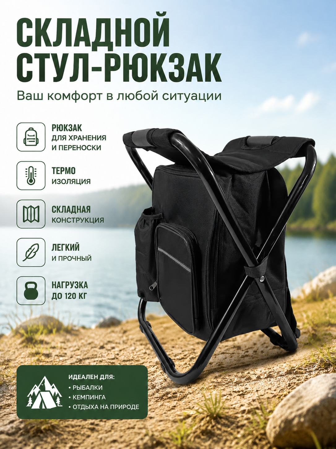 Многофункциональный табурет-сумка, чёрный, со скрытым изолированным отсеком, для пикника