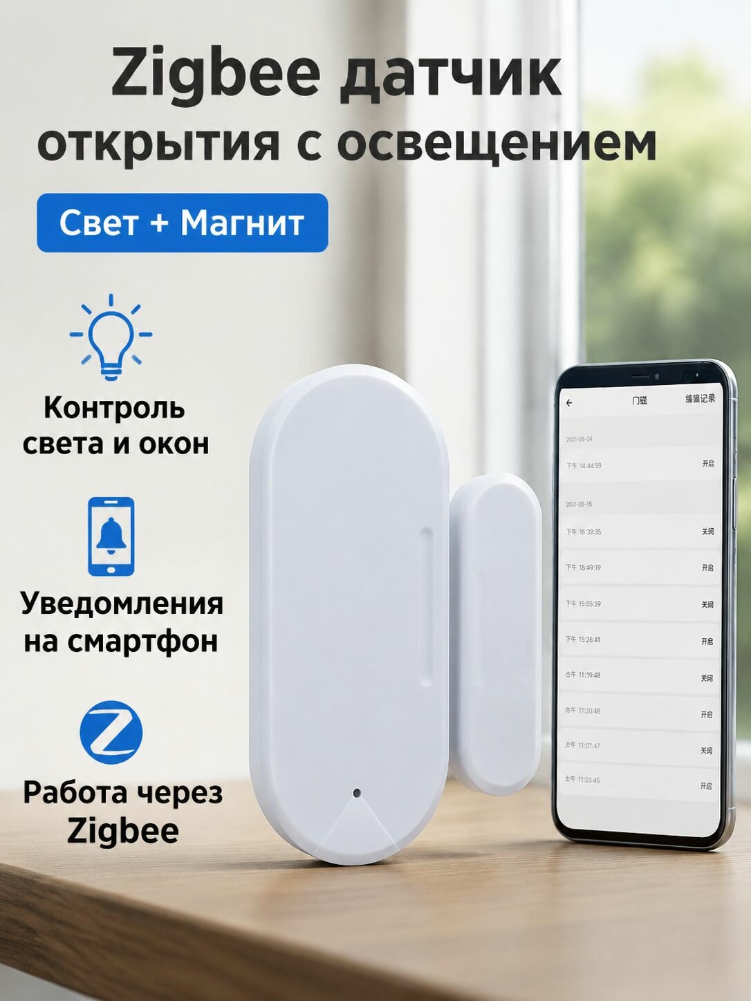 Магнитный датчик открытия с датчиком освещенности Zigbee, белый, ABS