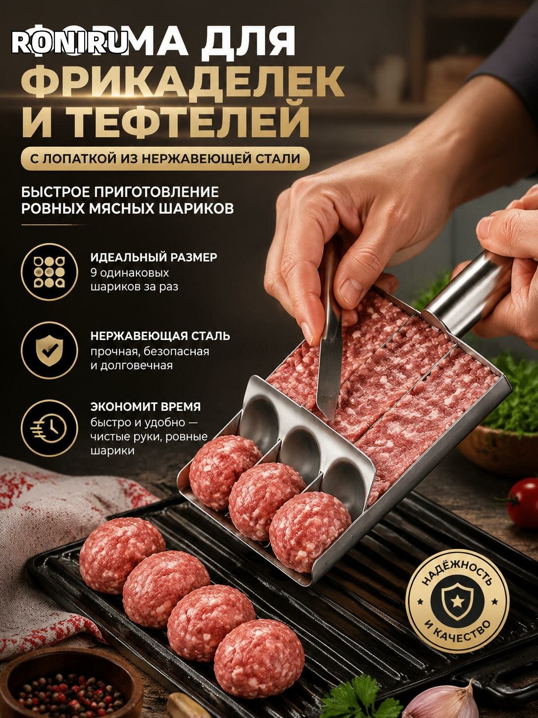 Форма для фрикаделек и тефтелей с лопаткой из нержавеющей стали — быстрое приготовление ровных мясных шариков