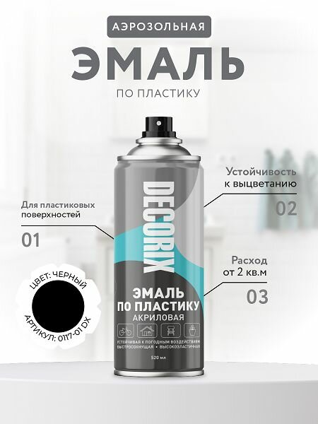 Эмаль - аэрозоль черный глянцевый по пластику 520 мл DECORIX, A01