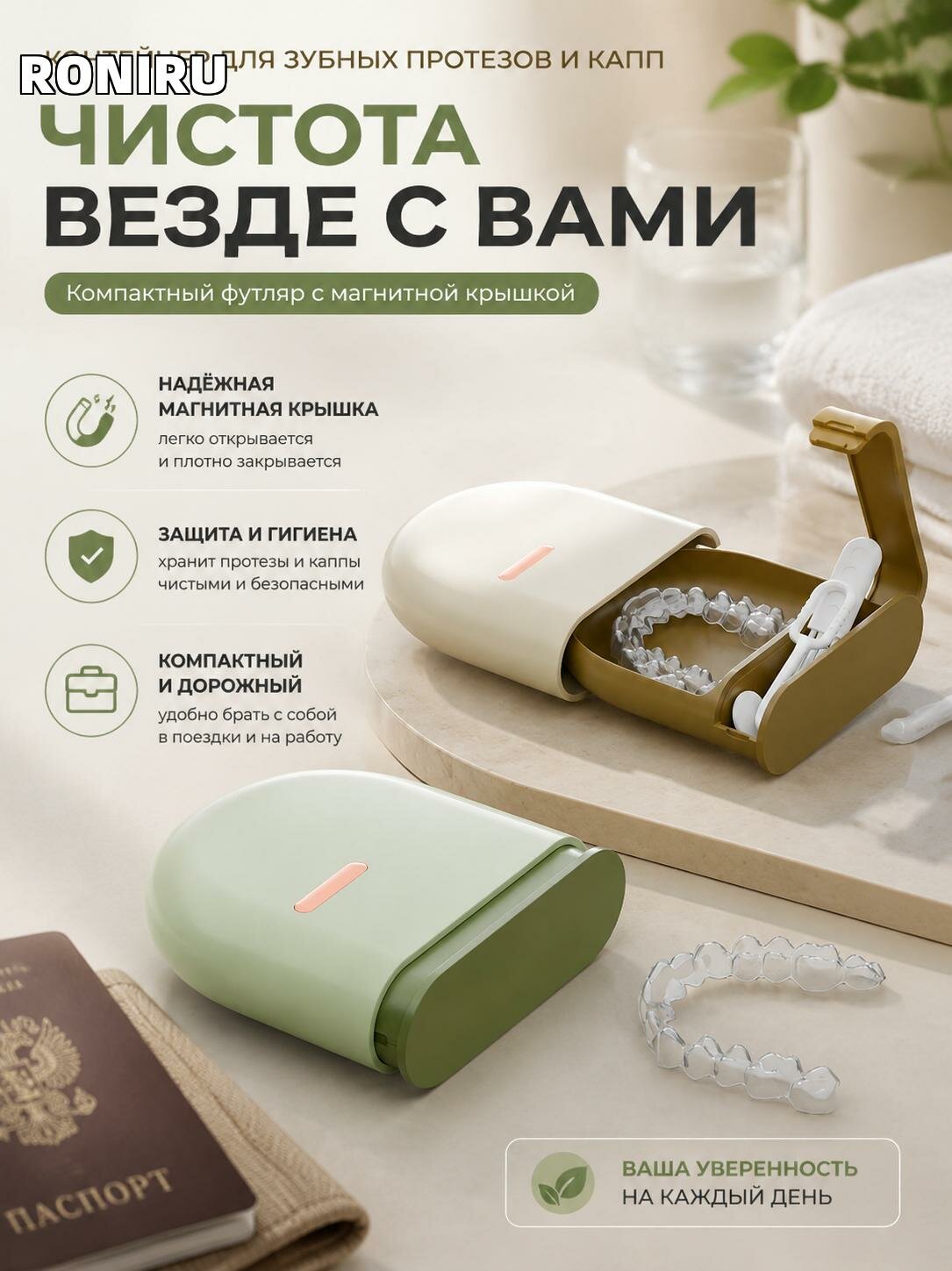 Контейнер для зубных протезов и капп с магнитной крышкой — компактный дорожный футляр-органайзер для гигиены рта