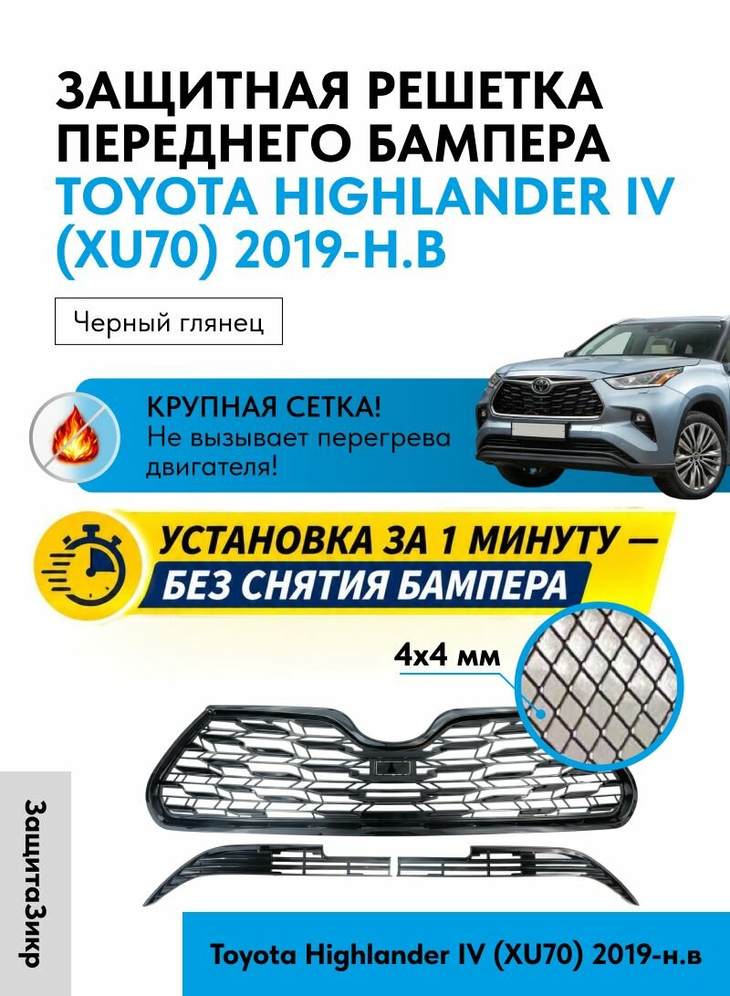 Сетка в бампер Toyota Highlander IV (XU70) 2019-2026, защитная решетка переднего бампера 4х4 мм для Тойота, черный глянец, защита радиатора от камней и насекомых