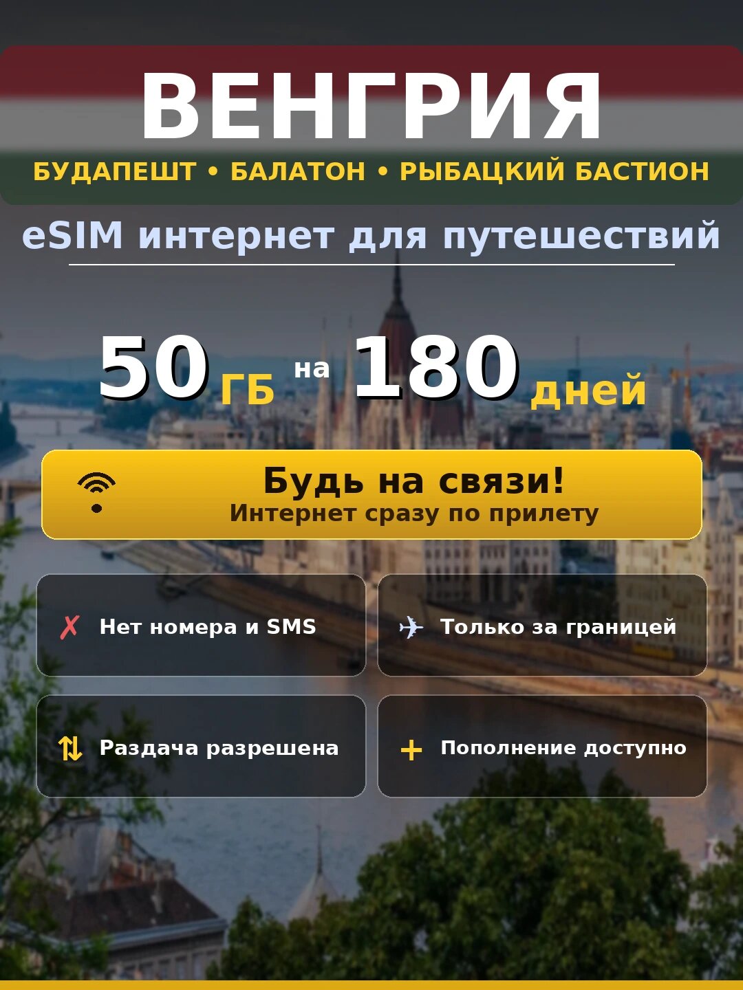 ESIM Венгрия — мобильный интернет 50 ГБ на 180 дней | виртуальная SIM-карта для путешествий