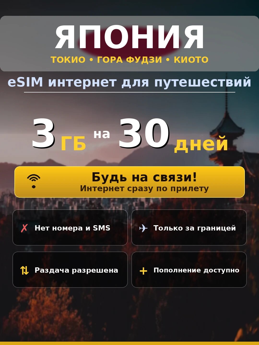 ESIM Япония — мобильный интернет 3 ГБ на 30 дней | виртуальная SIM-карта для путешествий
