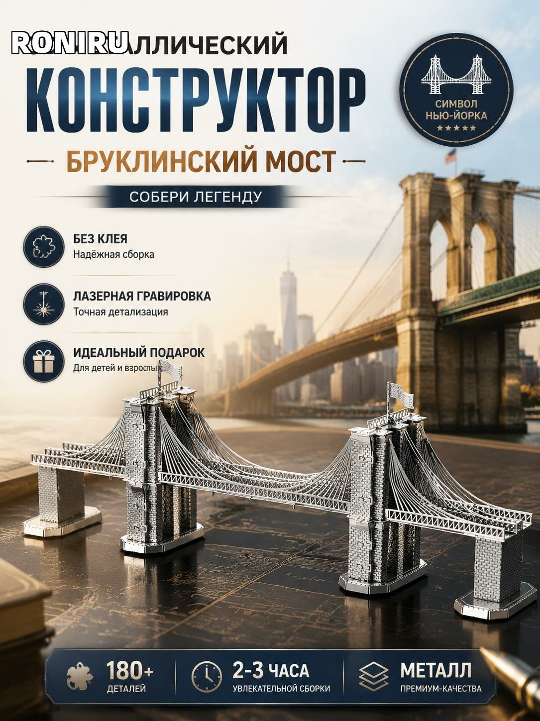 3D металлический конструктор Бруклинский мост — сборная модель без клея, лазерная гравировка, декор и подарок