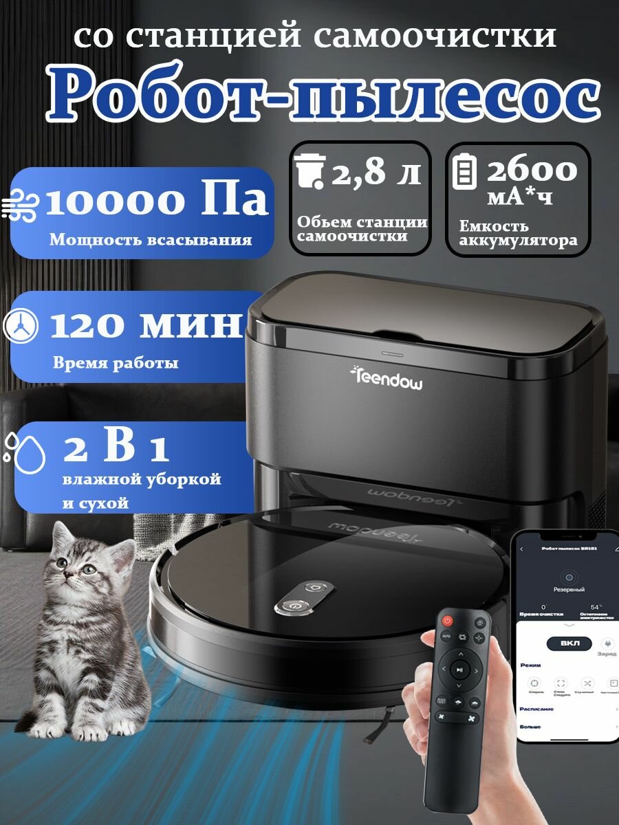 DPDN Робот-пылесос с влажной и сухой уборкой, со станцией самоочистки, Wi-Fi, 6000Па, T2, черный матовый