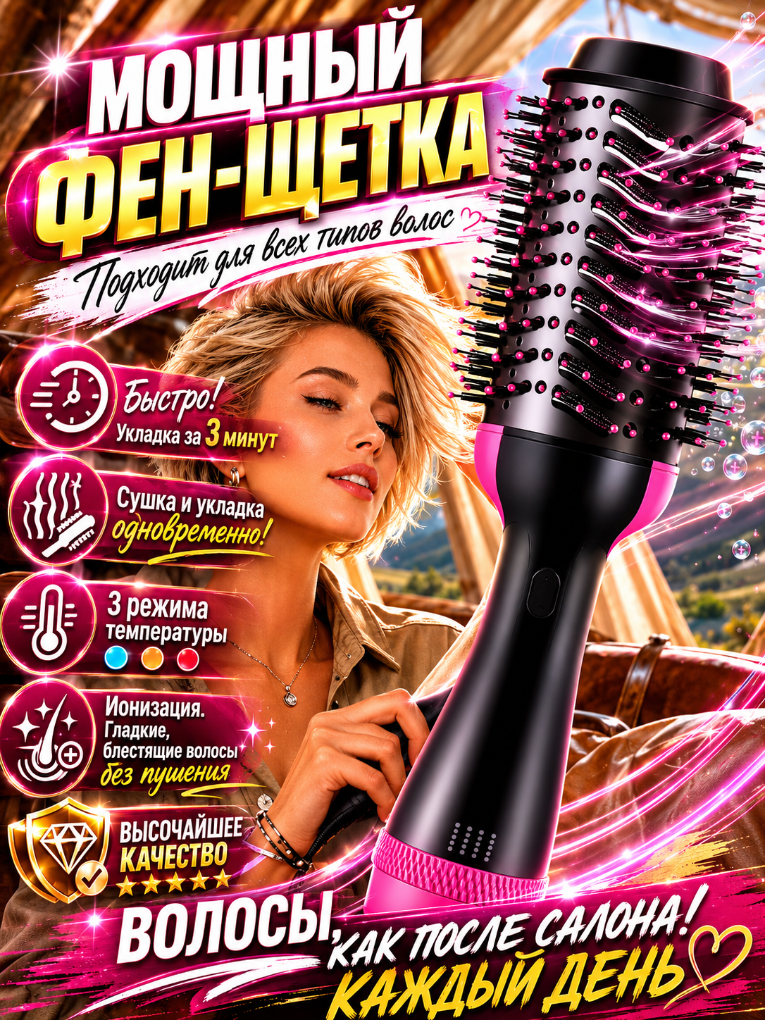 Фен-щетка для волос / Расческа с ионизацией One Step Фен-щётка (расчёска-фен) для волос Hair Dryer 3 в 1