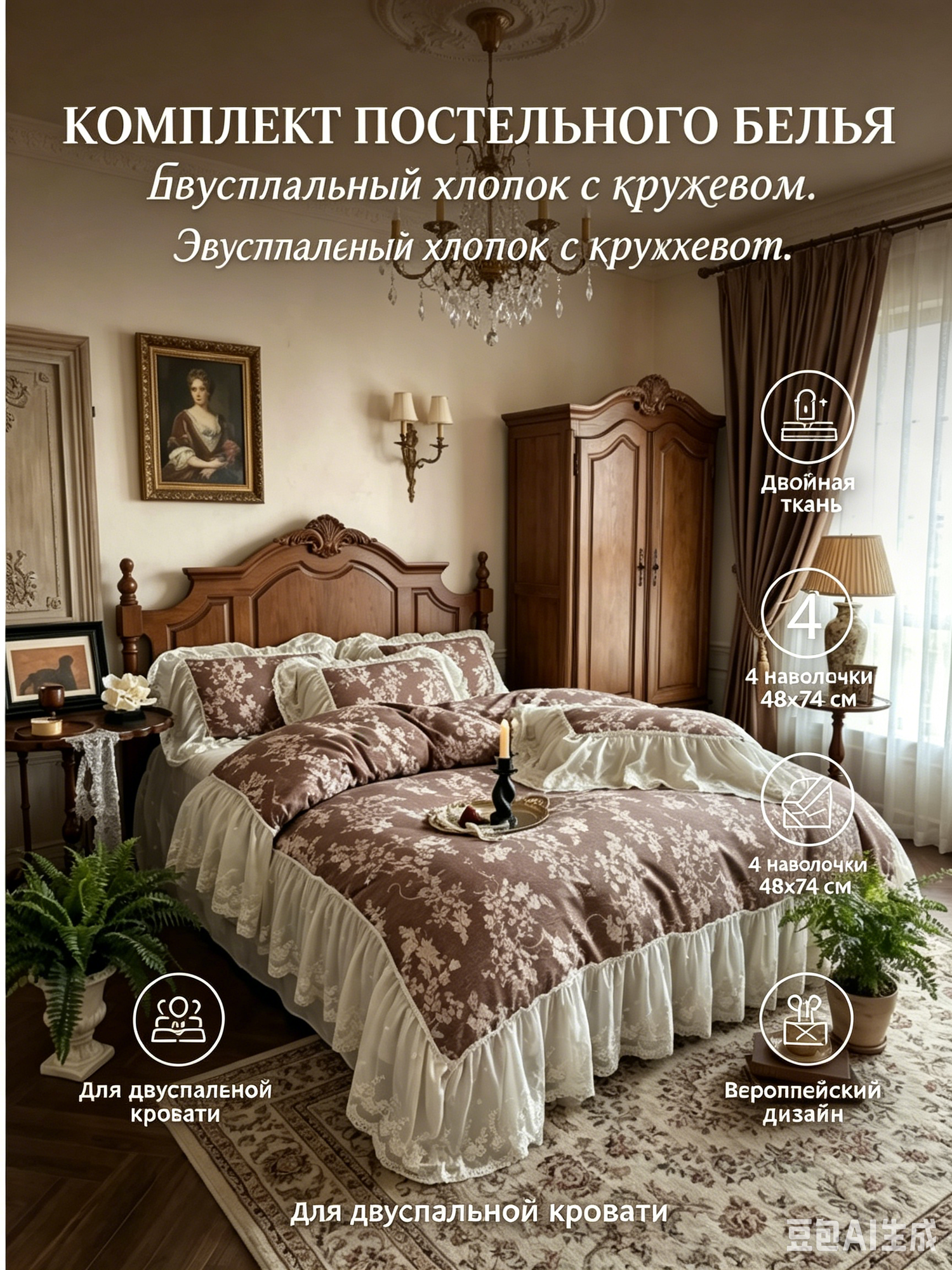 Комплект постельного белья двуспальный хлопок двойная ткань с кружевом 4 наволочки 48х74