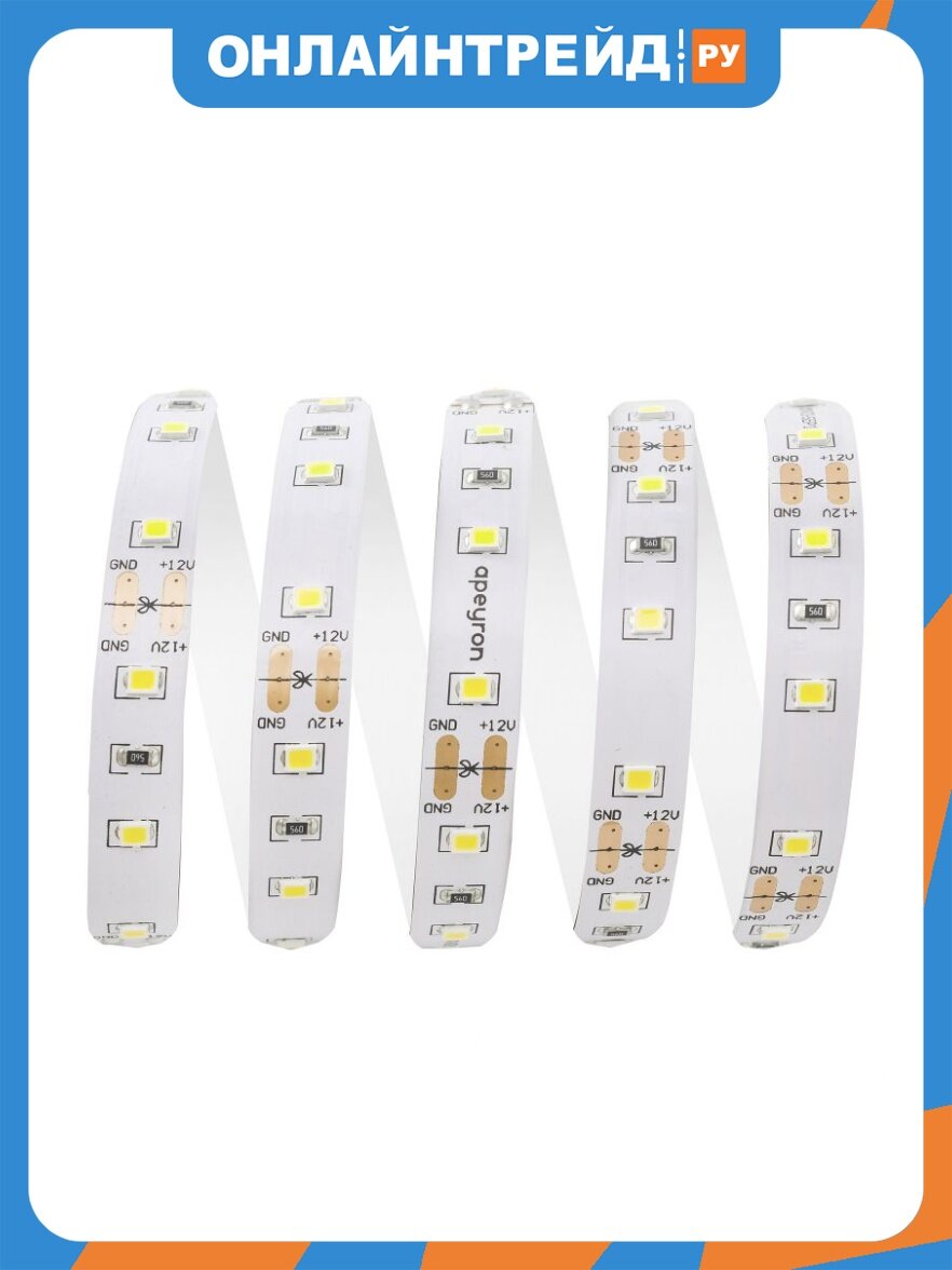 Светодиодная лента Apeyron 24В, 22, smd5630, 60д/м, IP20, 2000Лм/м, подложка 10мм, 5м, холодный белый 00-312