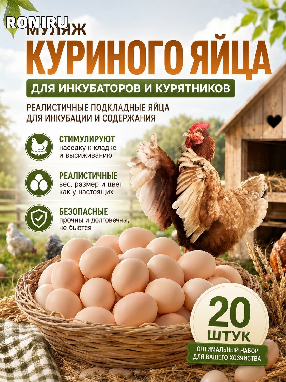 Муляж куриного яйца 20 шт для инкубаторов и курятников — реалистичные подкладные яйца для инкубации и содержания
