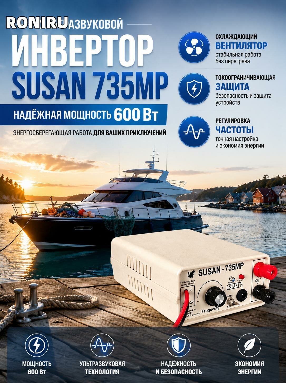 SUSAN 735MP ультразвуковой инвертор 600 Вт, с охлаждающим вентилятором, токоограничивающей защитой и регулировкой частоты для энергосберегающей работы