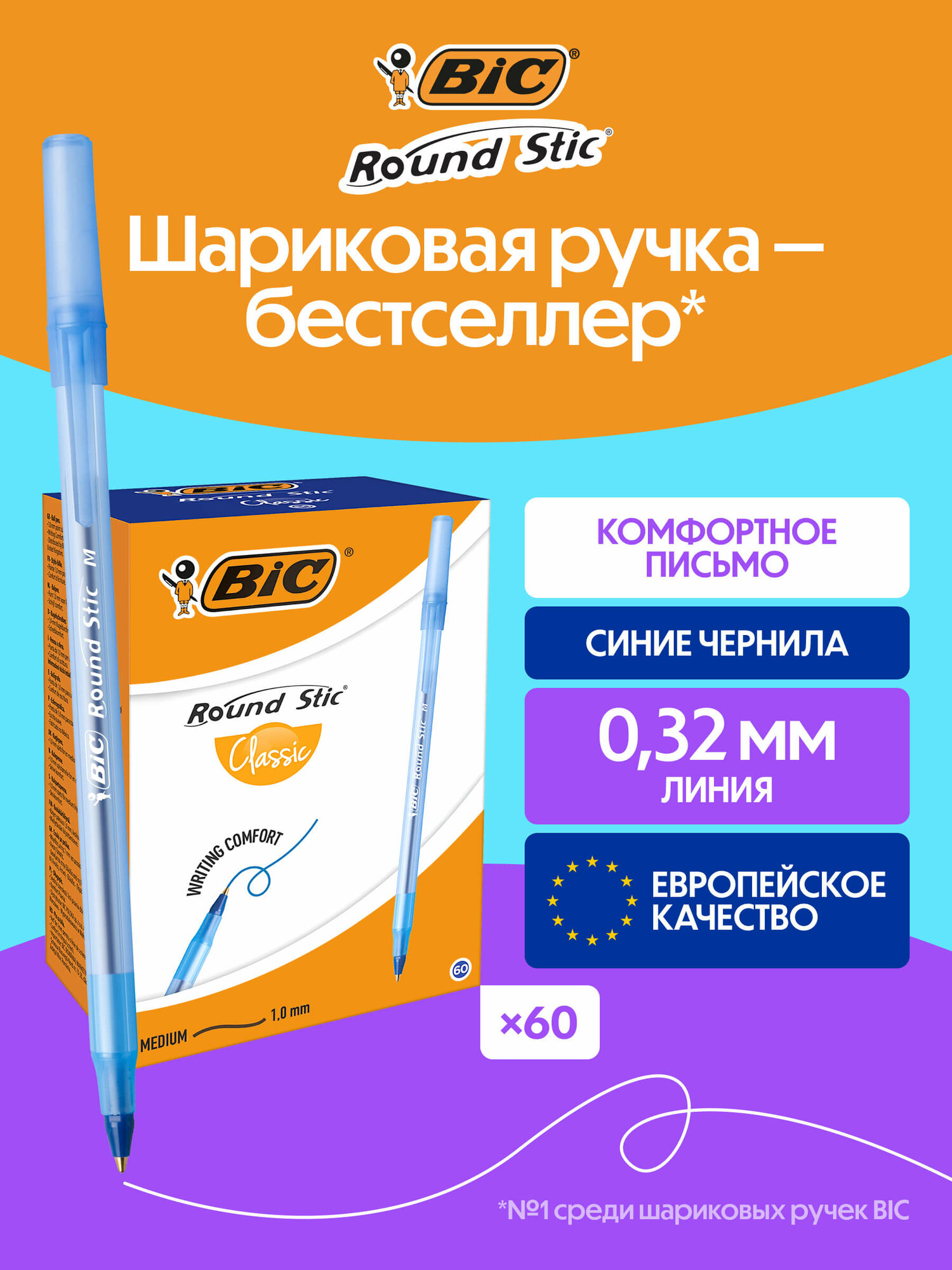 Шариковая ручка BIC классическая круглый корпус синяя, 60 ручек в упаковке