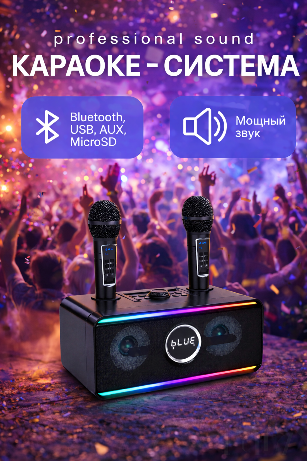 Премиумкараокесистема SD216 с двумя микрофонами, 20 Вт, Bluetooth и AUX, в черном цвете
