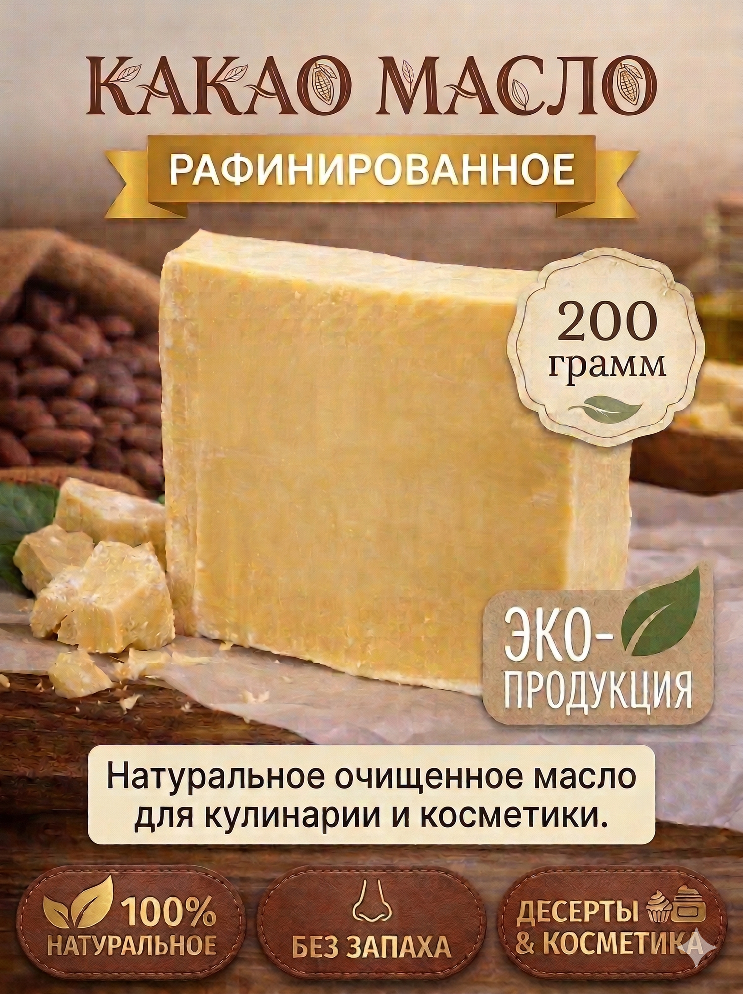 Какао масло рафинированное дезодорированное (200 гр)