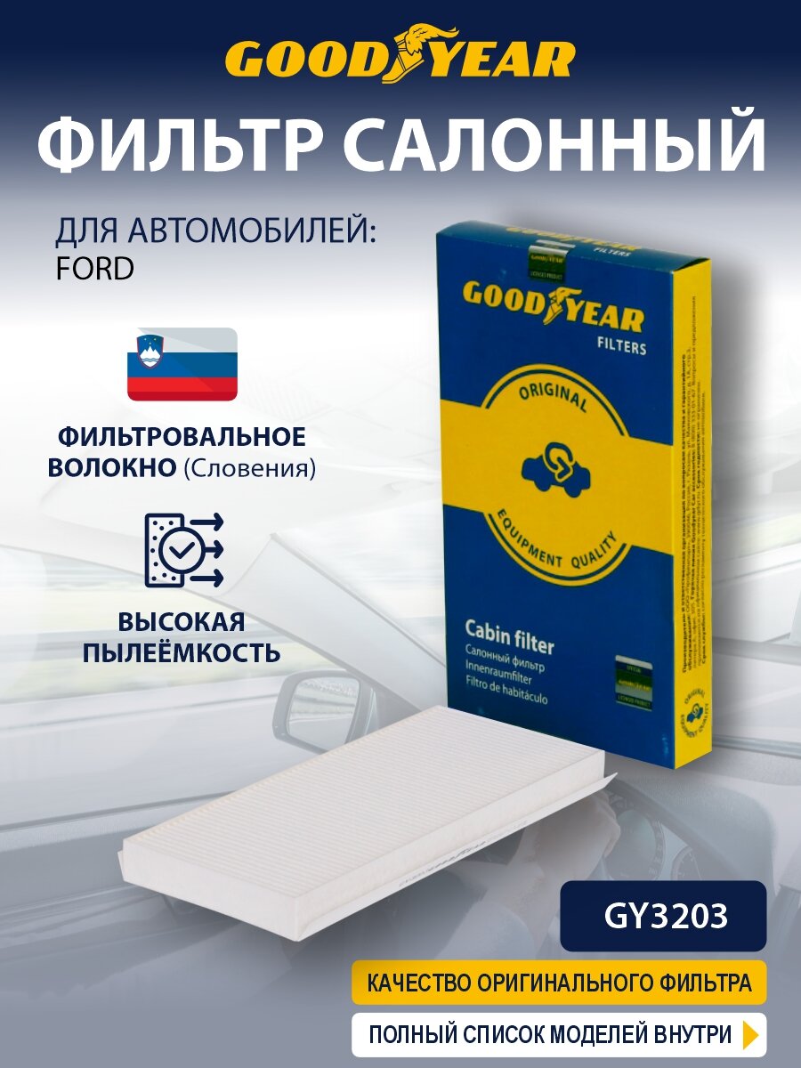 Фильтр салонный автомобильный Goodyear GY3203 для FORD: FOCUS CABRIO, FOCUS ; VOLVO: C30, C70 II (CABRIO), S40 II, V50/
