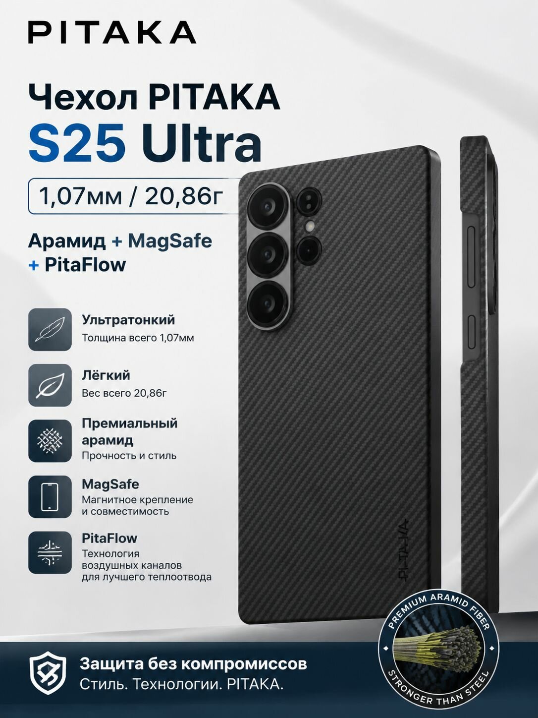 Чехол для смартфона PITAKA для Samsung Galaxy S25 Ultra, цвет Черно-серый твил