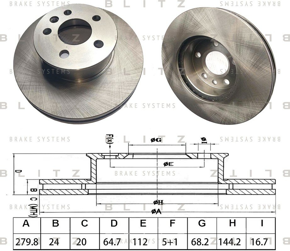 Диск тормозной BLITZ передний вентилируемый VW Transporter T4 95->, Multivan T4 95->, Caravelle T4 95-> (BS0673)