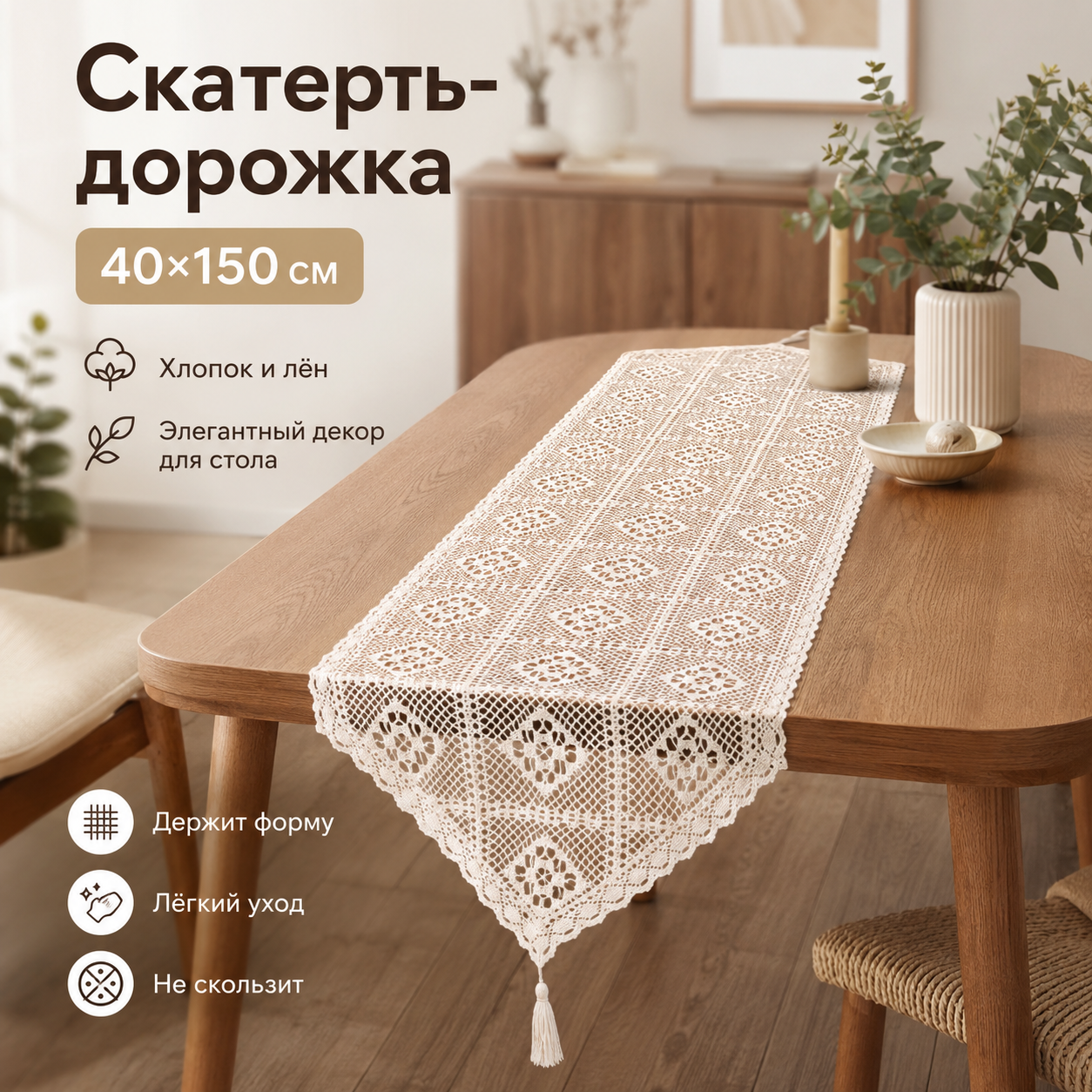 Ажурная дорожка для сервировки стола Jollycook 40*150см однотонная белая