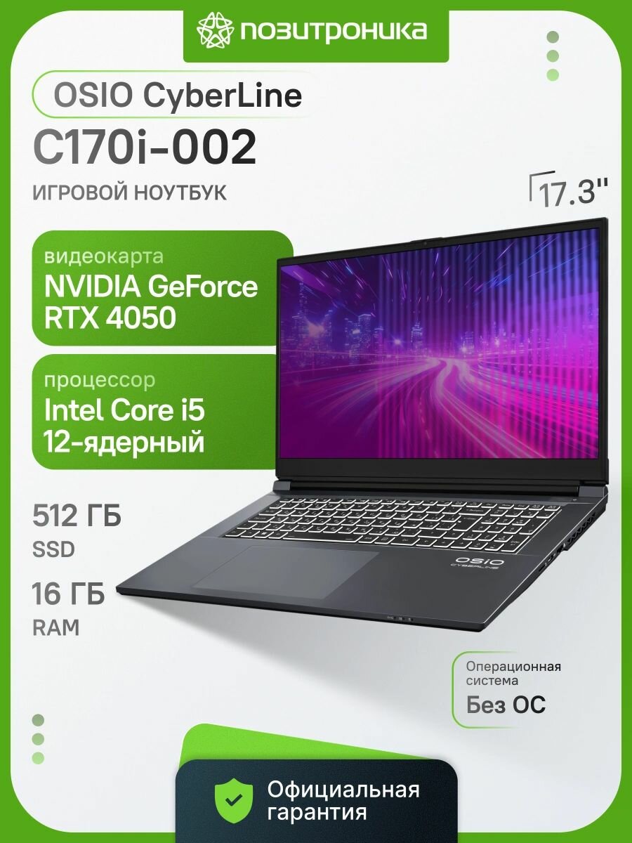 OSiO C170i-002 Игровой ноутбук 17.30", Intel Core i5-12600H, RAM 16 ГБ, SSD 512 ГБ, NVIDIA GeForce RTX 4050 для ноутбуков (6 Гб), Без системы, (C170I-002), серый, Русская раскладка