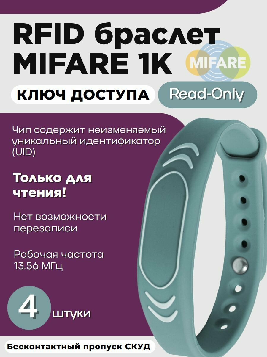 MIFARE Classic 1K (13.56 МГц) бесконтактный ключ-браслет "SPORT" тиффани (неперезаписываемый) силиконовый с застежкой/ упаковка 4 шт