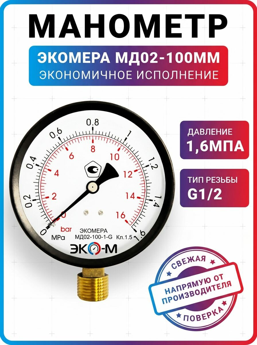 Манометр 100мм 1,6Мпа G1/2 Экомера радиальный для водоснабжения, отопления, пара, газа