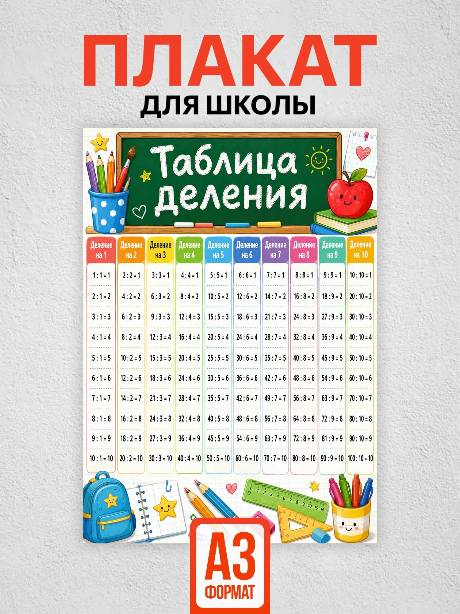 Плакат таблица деления, для школы, в класс