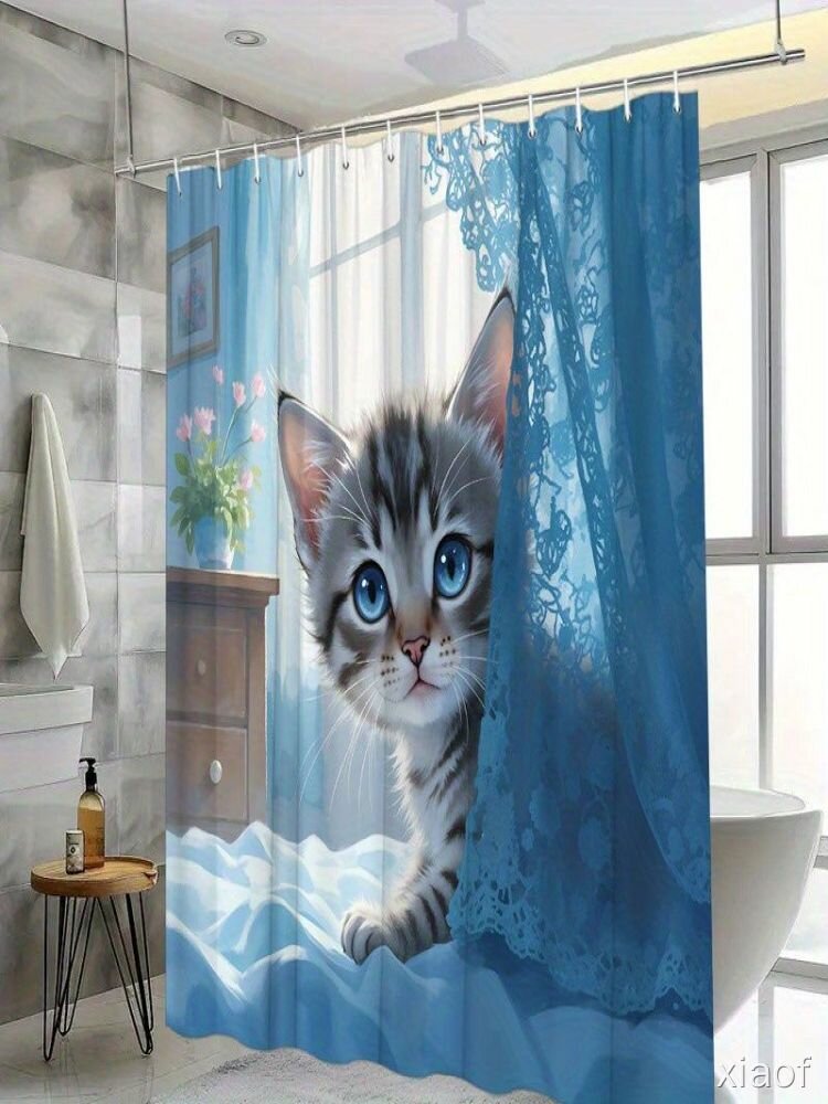 Штора для ванной с изображением котенка, кружевной узор, 180×240 см, для ванной, одна штука