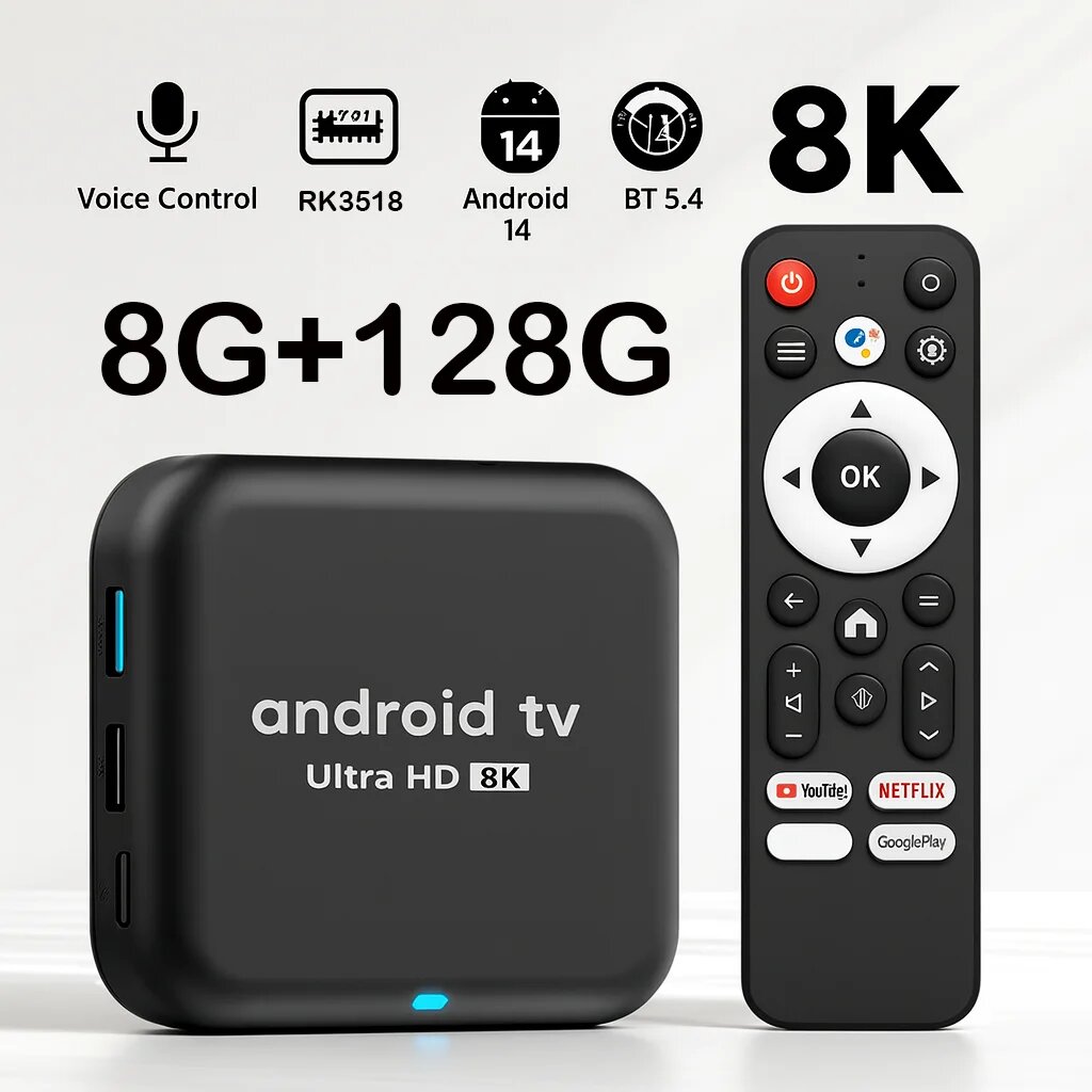 Android TV Box 8ГБ/128ГБ, EU Plug, Voice Remote — фото 1