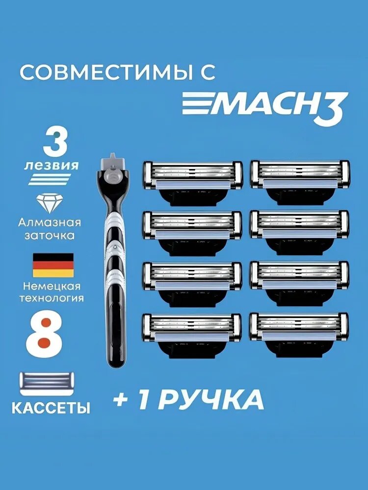 Станок для бритья мужской, 1 бритва + 8 сменные кассеты по 3 лезвий