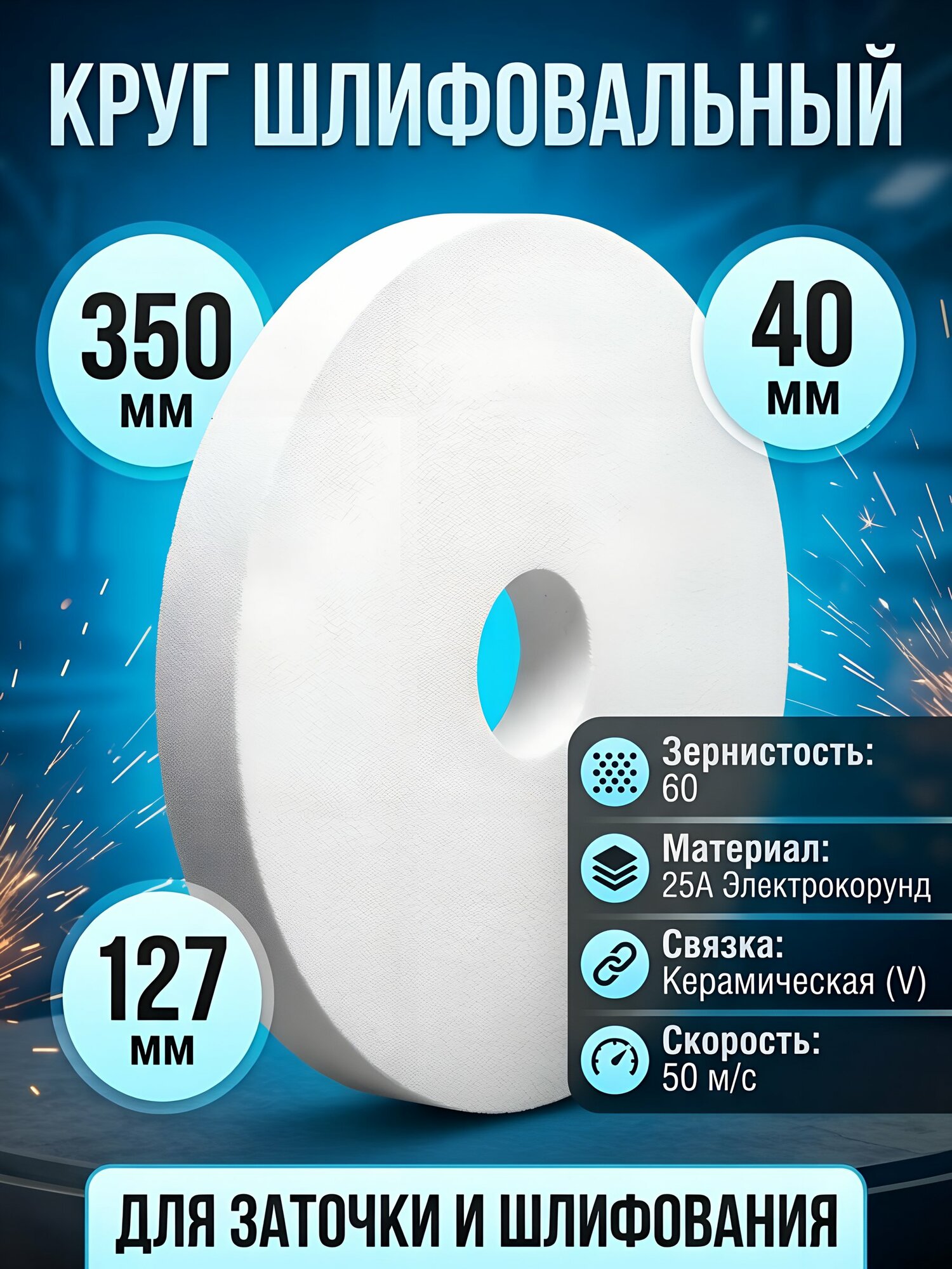 Круг шлифовально-точильный LugaAbrasiv 350х40х127 мм, 25А, зернистость 60, белый, керамическая связка