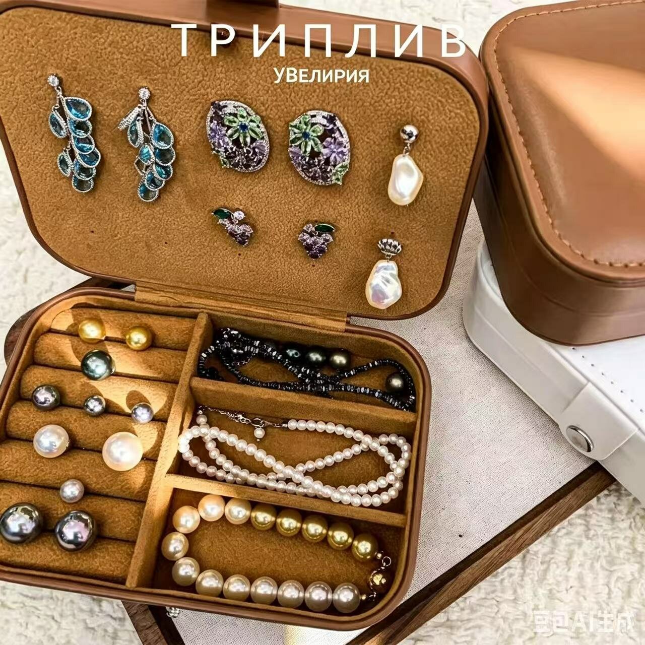 Шкатулка для драгоценностей, изысканные серьги, коричневая,16*11.28*5.3 см.
