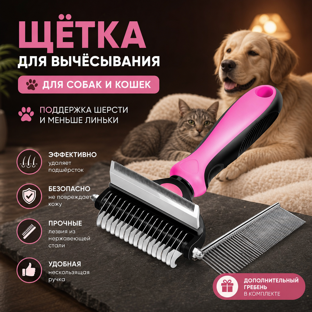 Фурминатор для вычесывания подшерстка кошек и собак, синий, удаление подшерстка