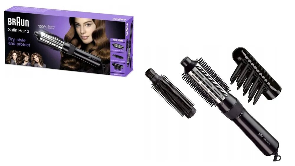 Braun Фен-щетка для волос Satin Hair 3 AS330, 400 Вт, Черный 400 Вт, скоростей 2, кол-во насадок 3, черный, серый