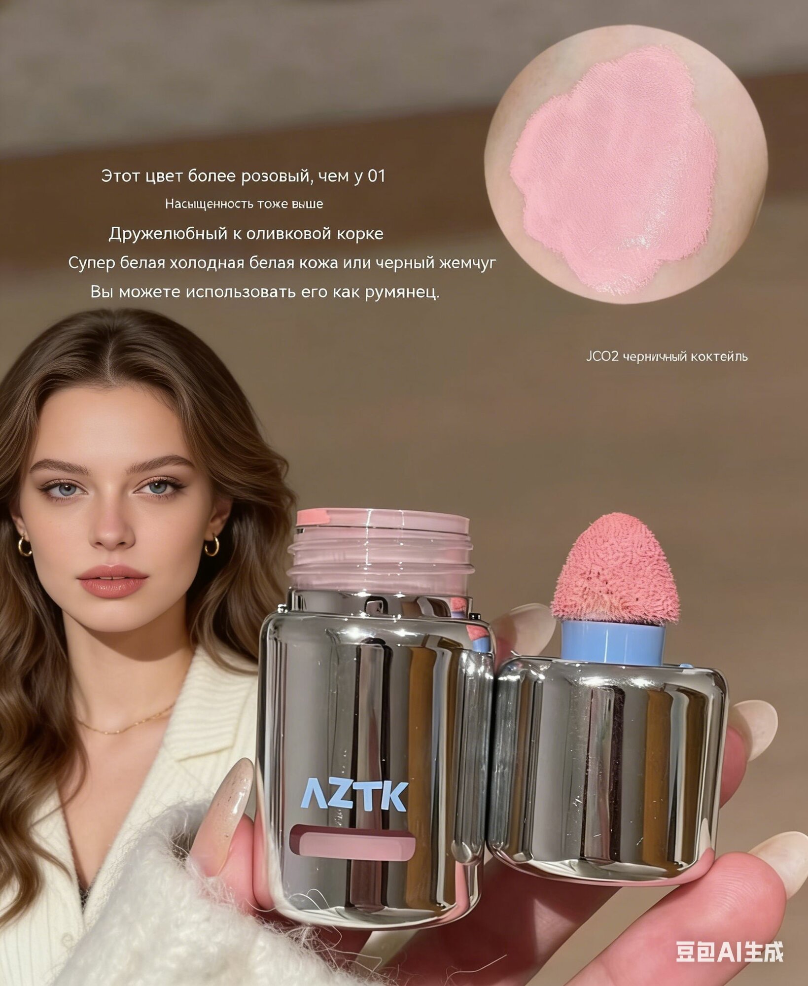 Жидкий румянец AZTK JC02 Клубничный коктейль, яркий оттенок, для всех типов кожи, многофункциональный