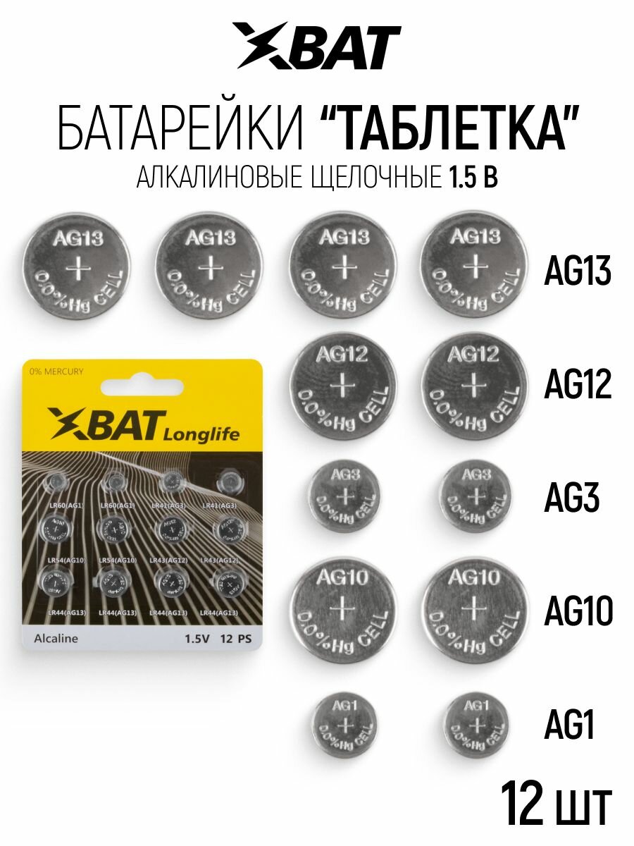 Батарейки алкалиновые щелочные 12 шт. "Таблетка" LR44, LR60, LR43, LR54, LR41, 12 В, 15-100 мА/ч