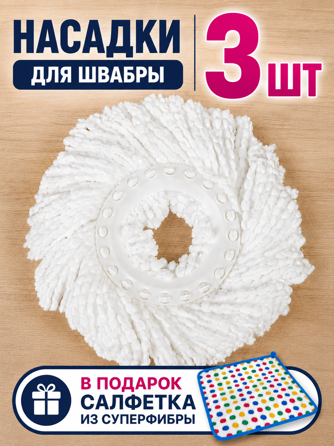 Насадки для швабры Верта, круглая из микрофибры, МОП, Сменные микрофибровые насадки для швабры RUGES (3 шт.)