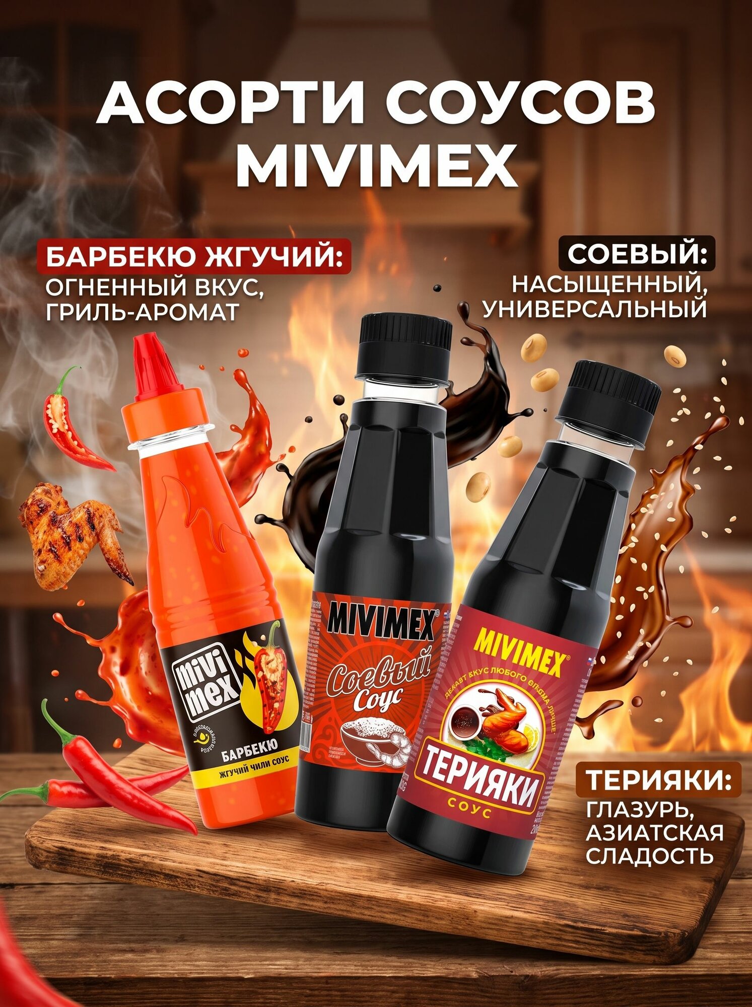 Соус "MIVIMEX" Ассорти 3 вкуса Терияки, Барбекю и классический Соевый ( 3 штуки в упаковке)