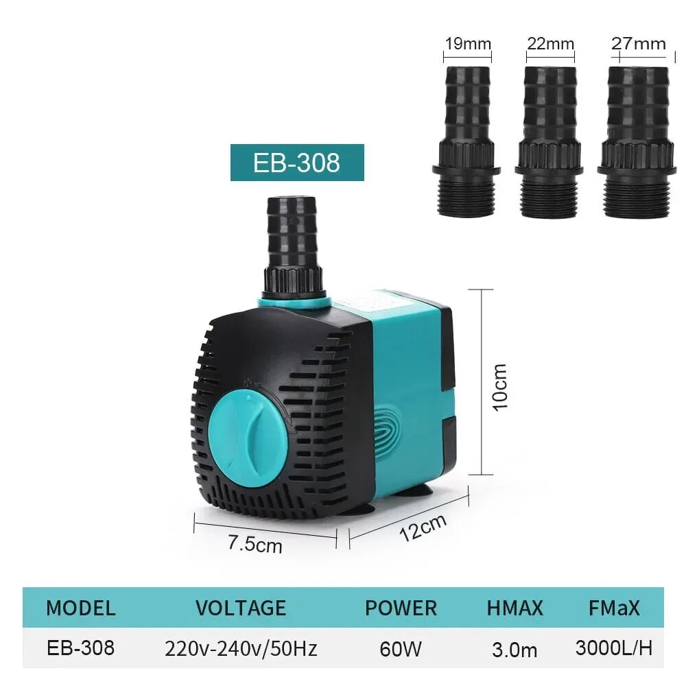 Фонтанный насос EB-308, 60Вт, 3000л/ч, HMAX 3.0м, 220-240В, с 3 патрубками