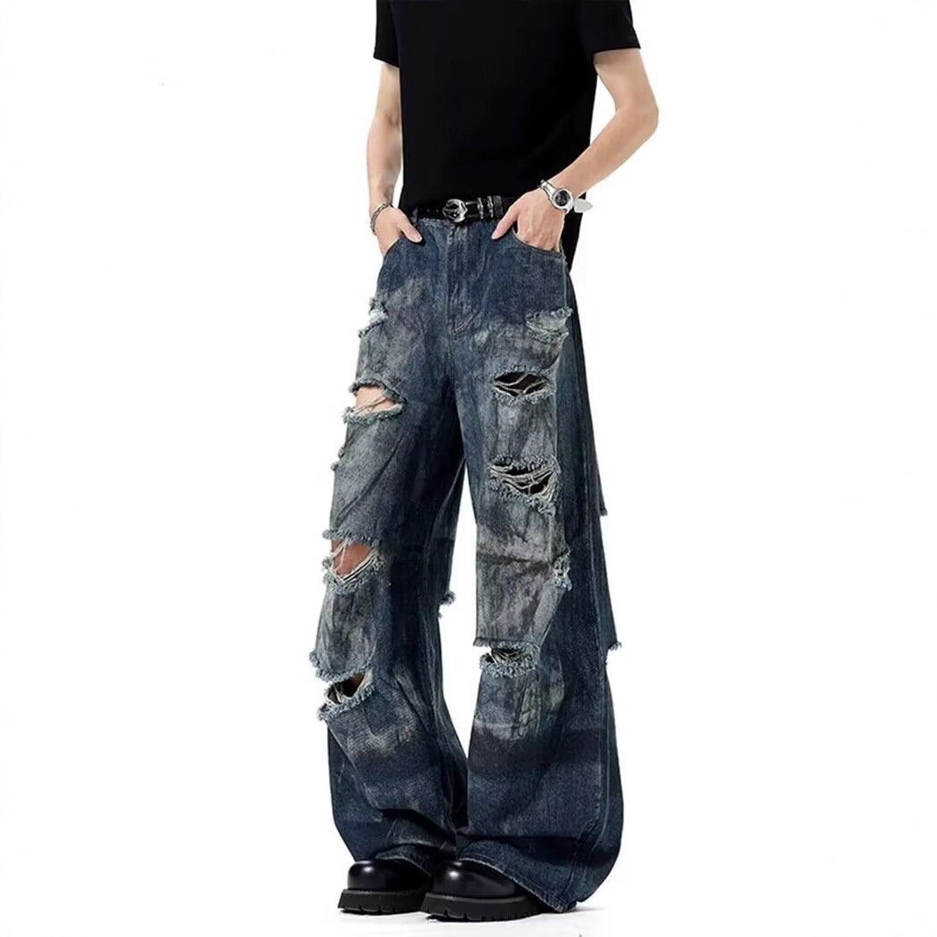 ZY 256 Унисекс грязно-стирка джинсы, свободный прямой крой с напуском