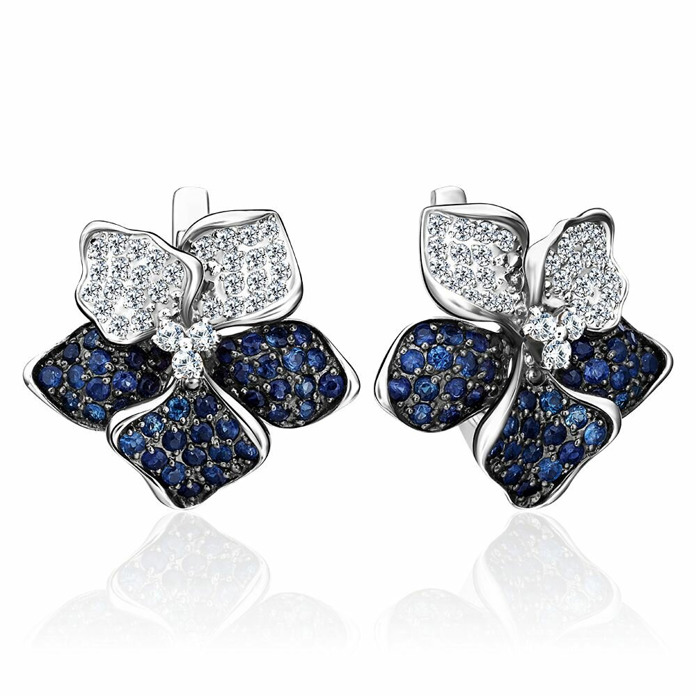 Серьги PLATINA, белое золото, 585 проба, родирование, сапфир, бриллиант